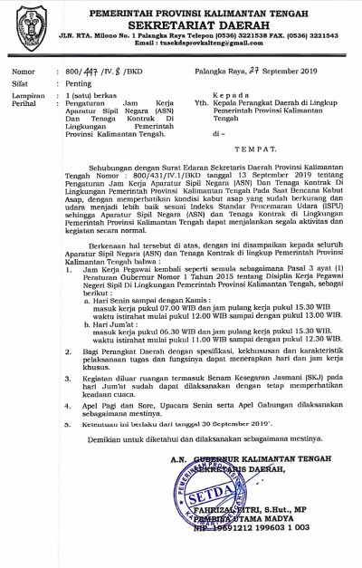 Setda Prov Kalteng - Surat Edaran Sekda Nomor: 800/447/IV.8/BKD Perihal Pengaturan Kembali Jam ...